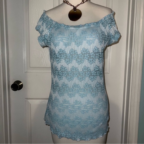 Tops | Elegant Blue Offshoulder Lace Top | Poshmark